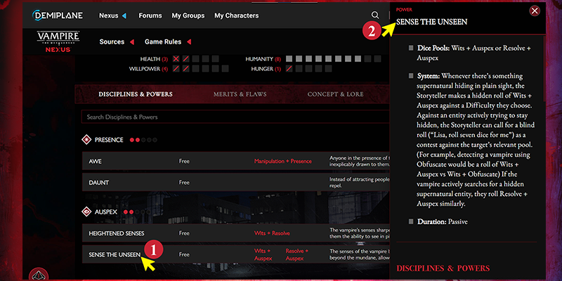 Vampire: The Masquerade NEXUS | Tools | Character Tools Overview