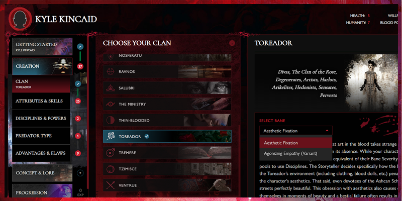 Vampire: The Masquerade NEXUS | Tools | Character Tools Overview