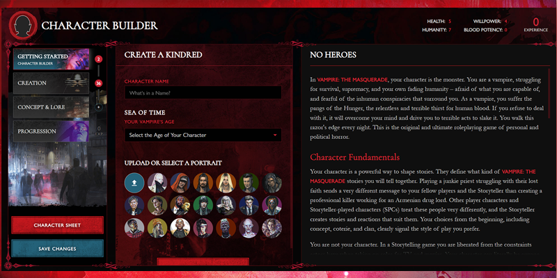 Vampire: The Masquerade NEXUS | Tools | Character Tools Overview