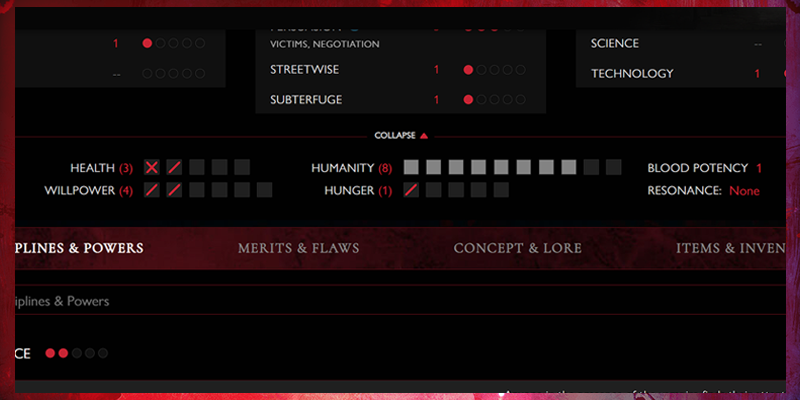 Vampire: The Masquerade NEXUS | Tools | Character Tools Overview